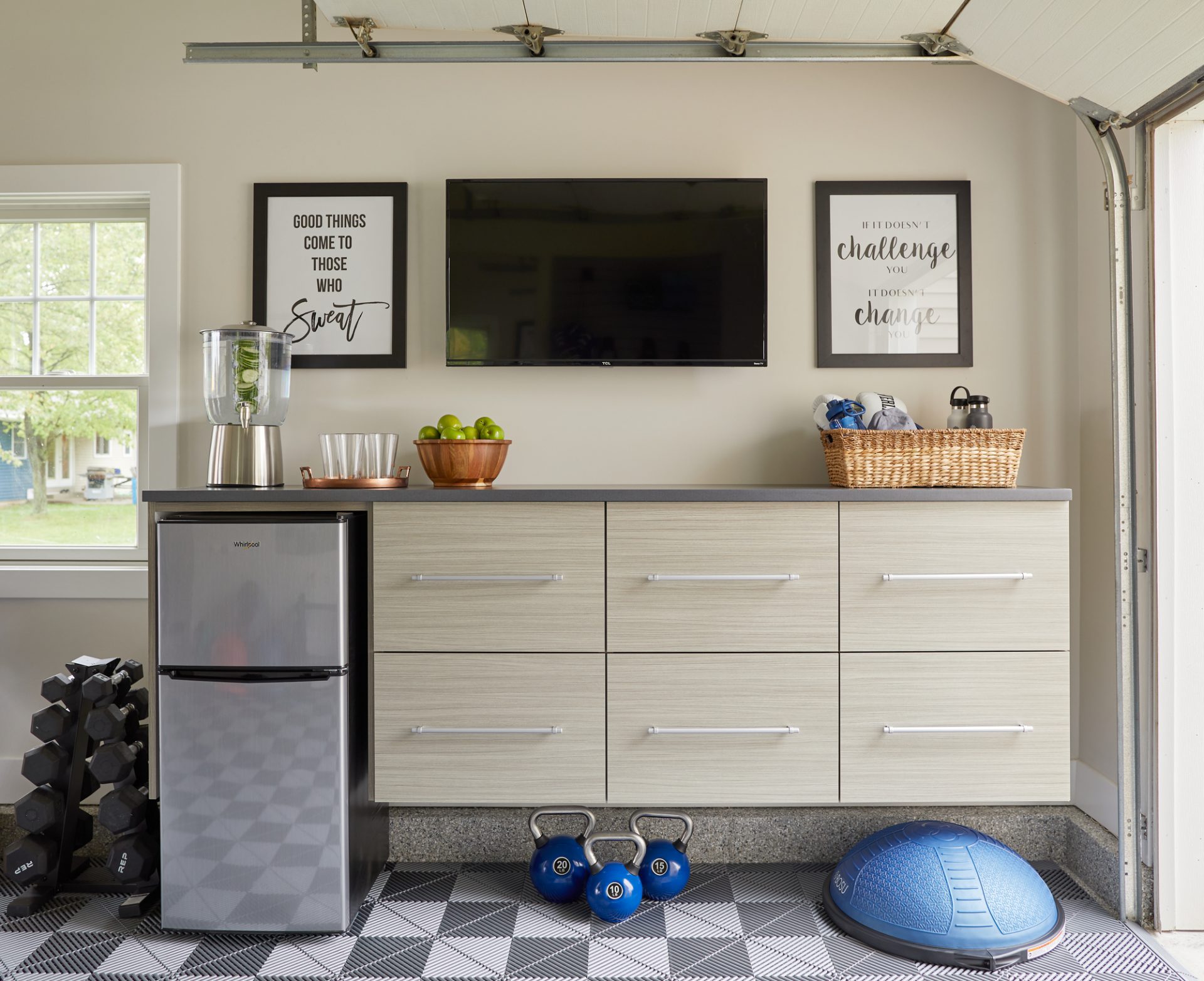 Two-Stall Garage With Gym in Timber Grey | Inspired Closets